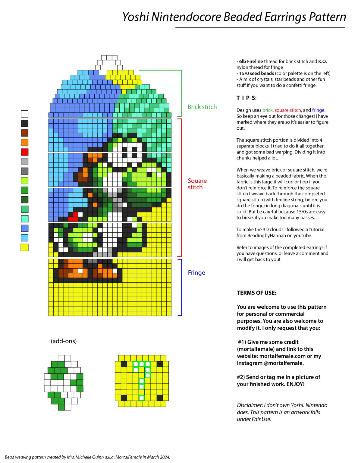 “Yoshi Nintendocore Fringe Earrings” Free Beading Pattern – Mortal Female